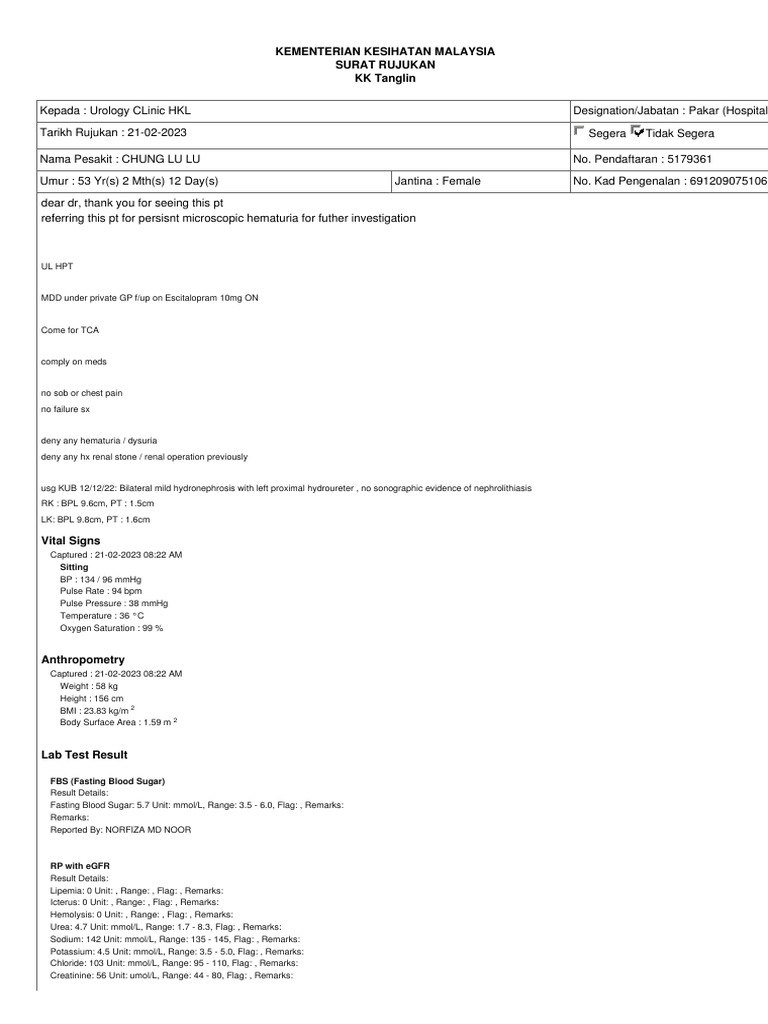 Kementerian Kesihatan Malaysia Surat Rujukan KK Tanglin: Sitting | PDF ...