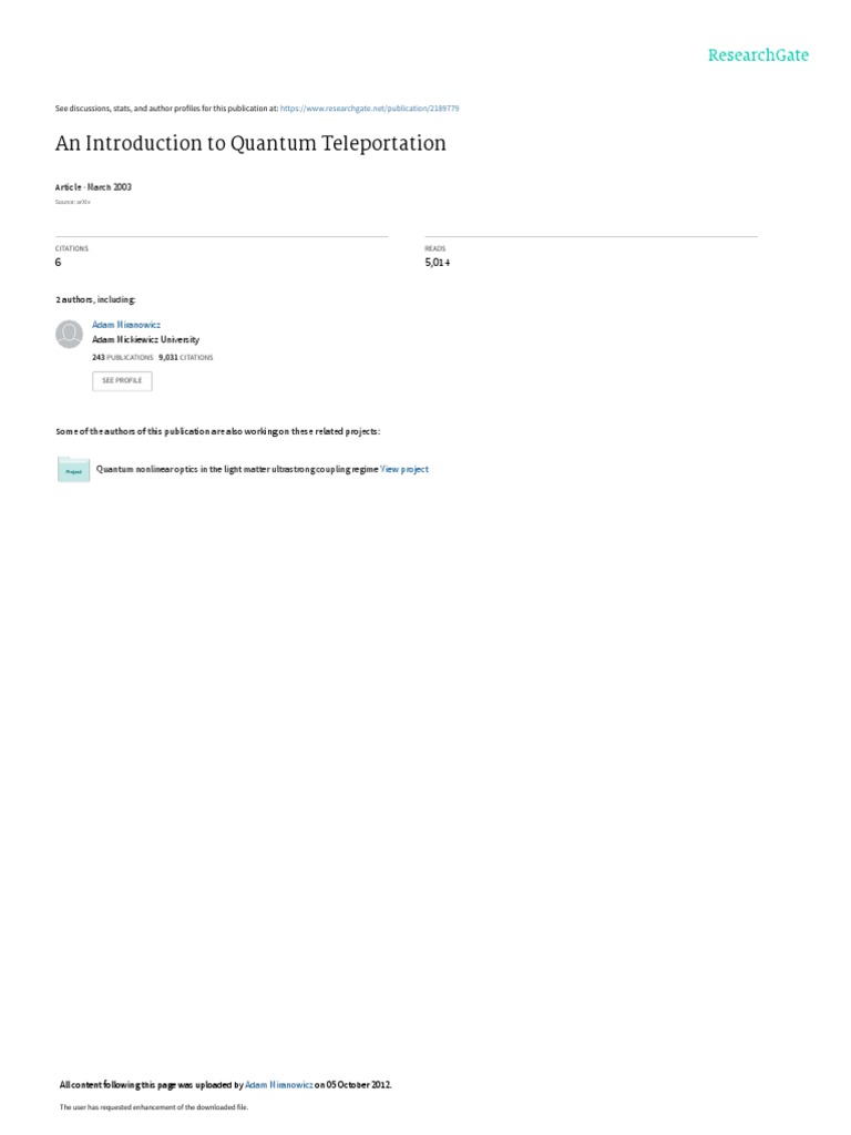 Intro Quantum Teleport Pdf Quantum Entanglement Quantum Mechanics