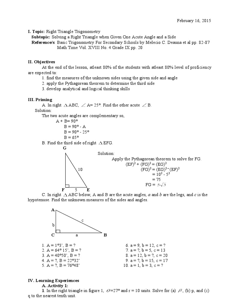 LP12 Feb 16 Solving A Right Triangle When Given One Acute Angle and A Side | PDF | Trigonometric ...