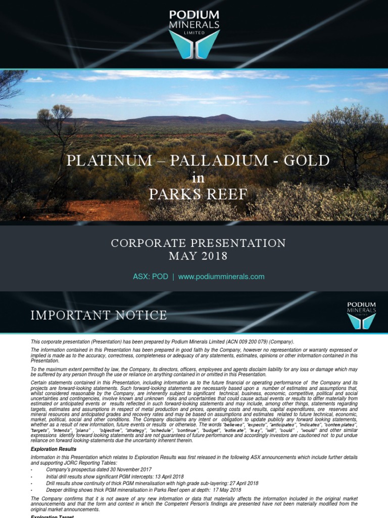 Podium Minerals PGM Exploration Update | PDF | Palladium | Mining