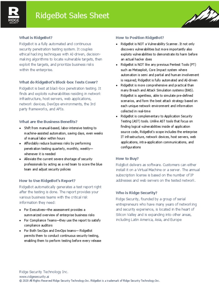 RidgeBot - AI Driven Pen Test | PDF | Penetration Test | Vulnerability ...