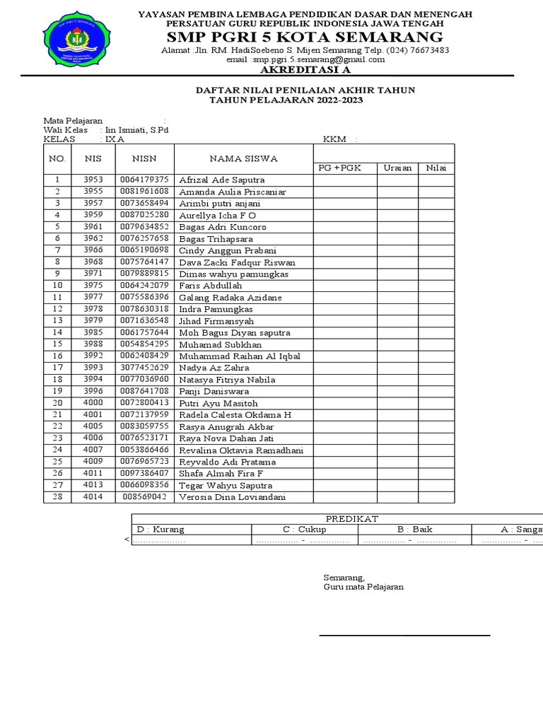 Daftar Nilai Pat 9 TH 2023 | PDF