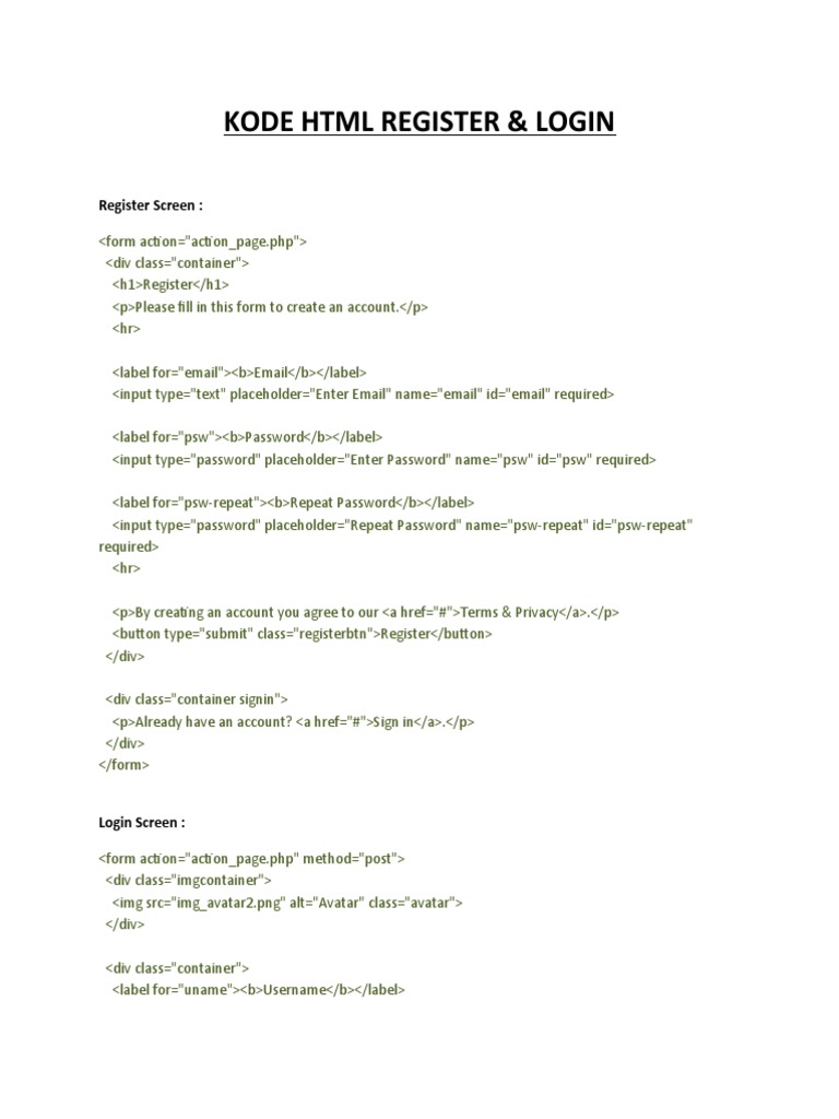 KODE HTML REGISTER | PDF