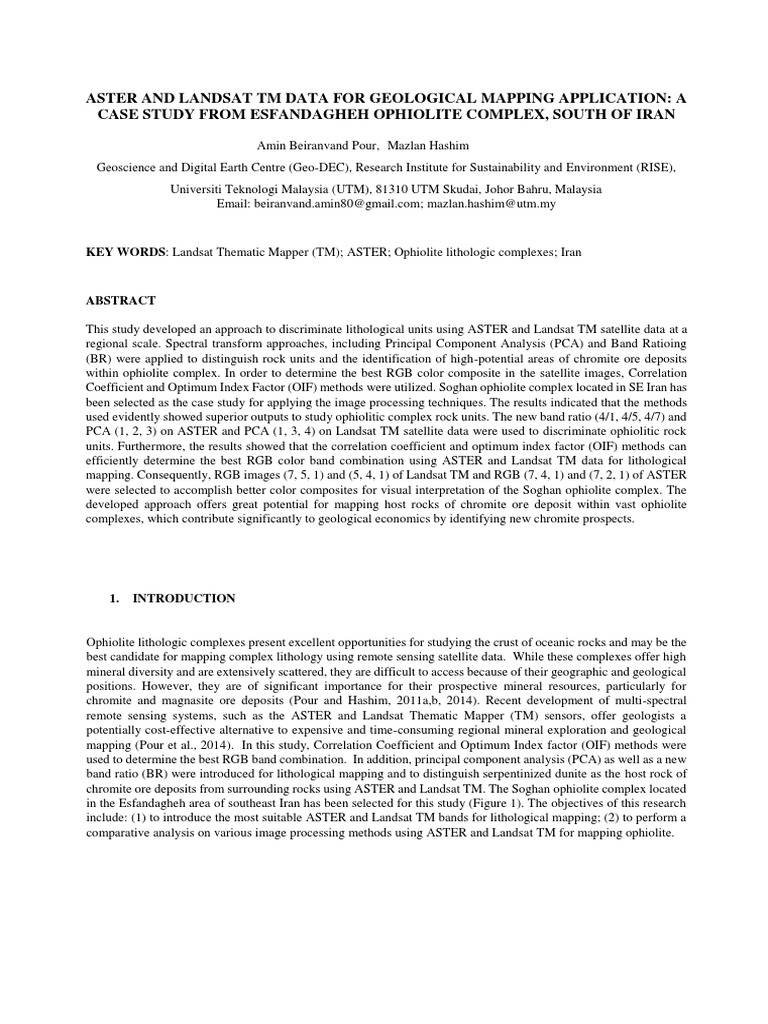 Aster and Landsat TM Data For Geological Mapping Application: A Case Study From Esfandagheh ...