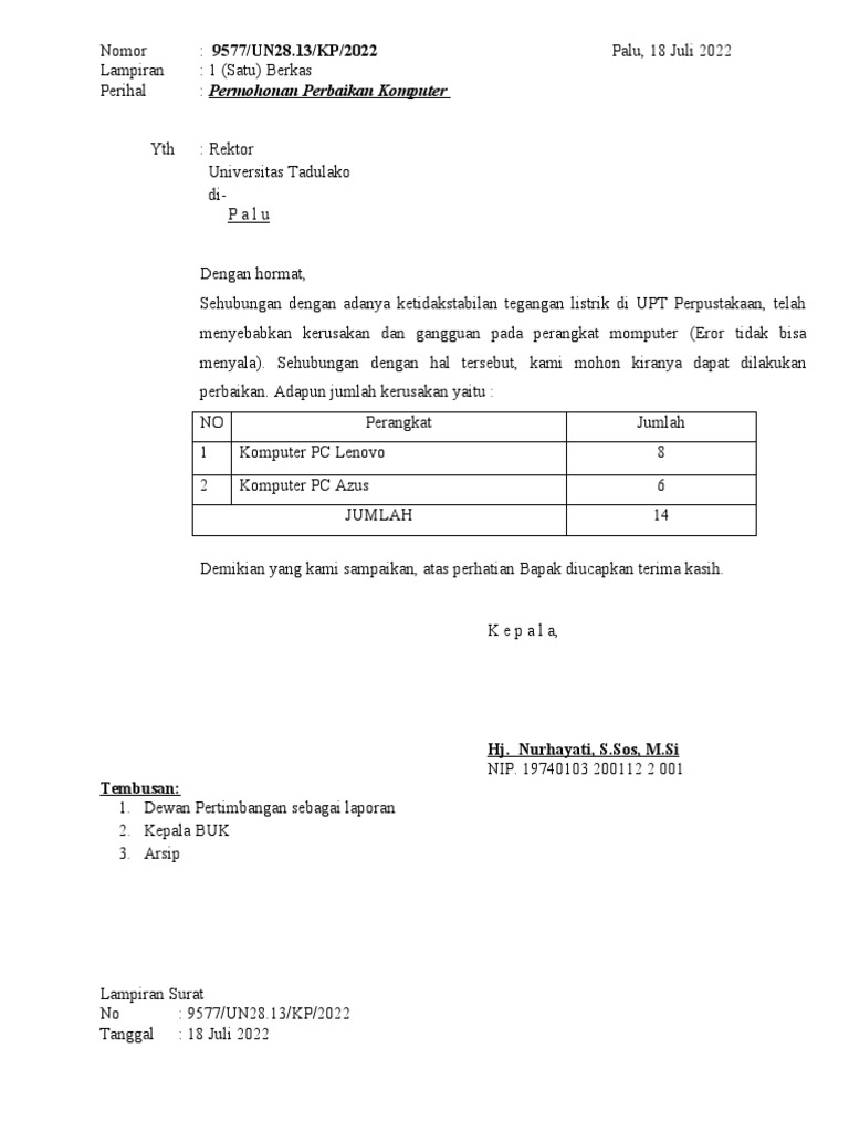 Surat Perbaikan Komputer | PDF