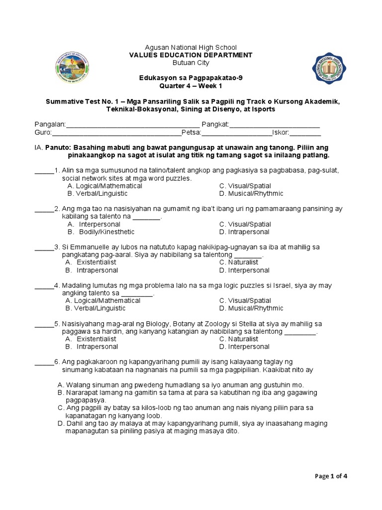 4th Quarter Summative Test 1 | PDF