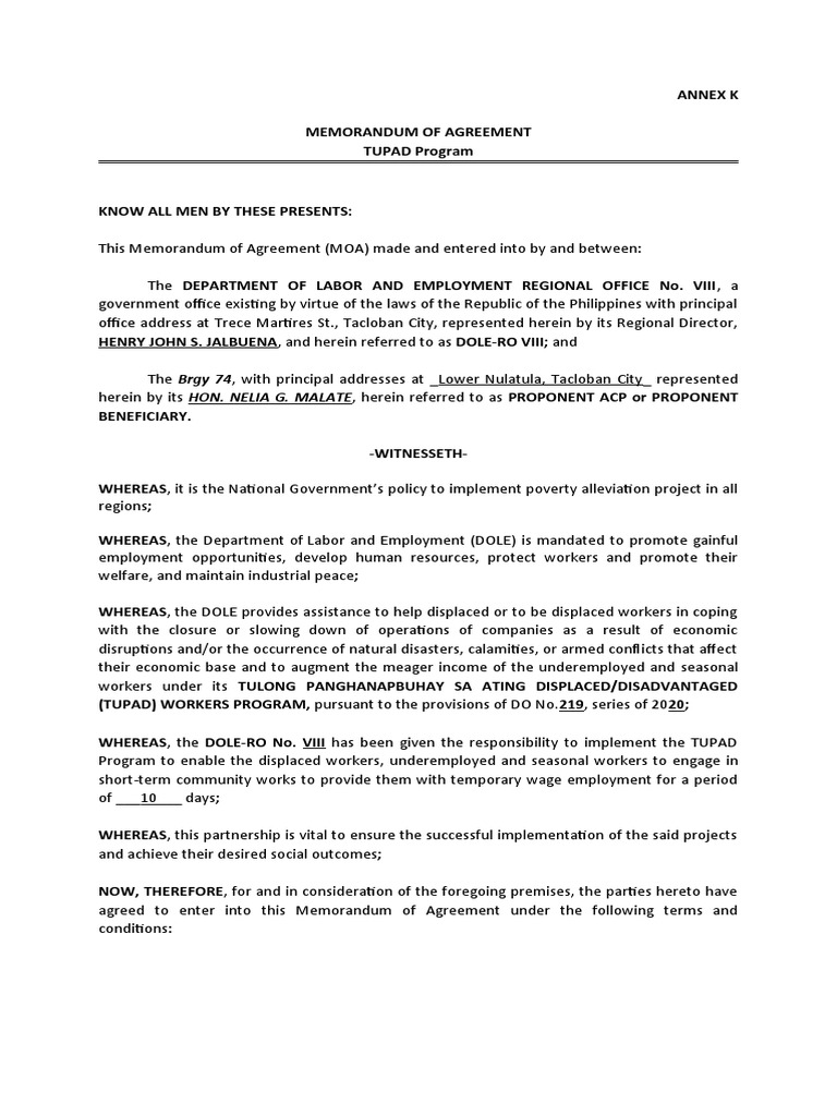 TUPAD Program MOA for Community Projects | PDF | Unemployment Benefits ...