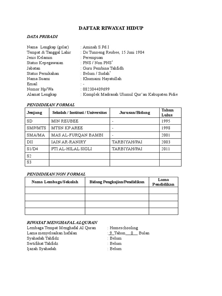 Daftar Riwayat Hidup Guru-1 | PDF
