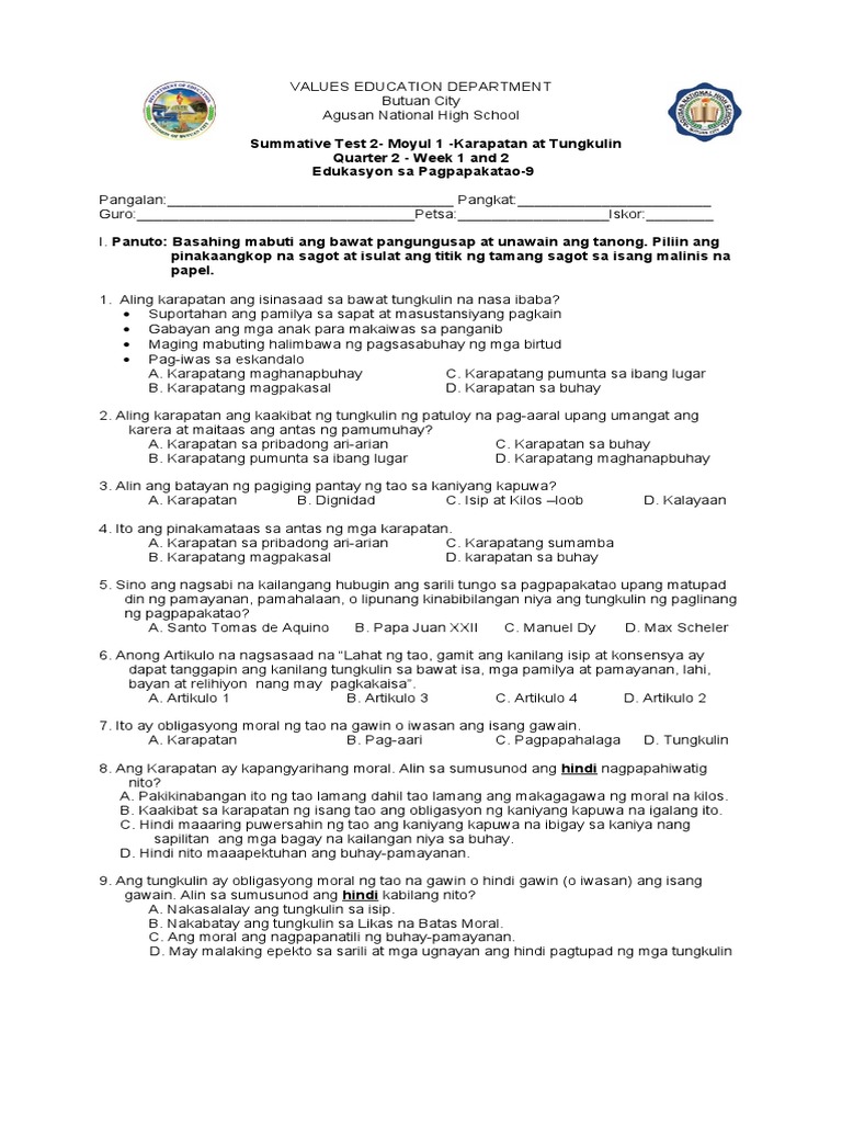 EsP 9 2nd Quarter Summative No. 1 | PDF