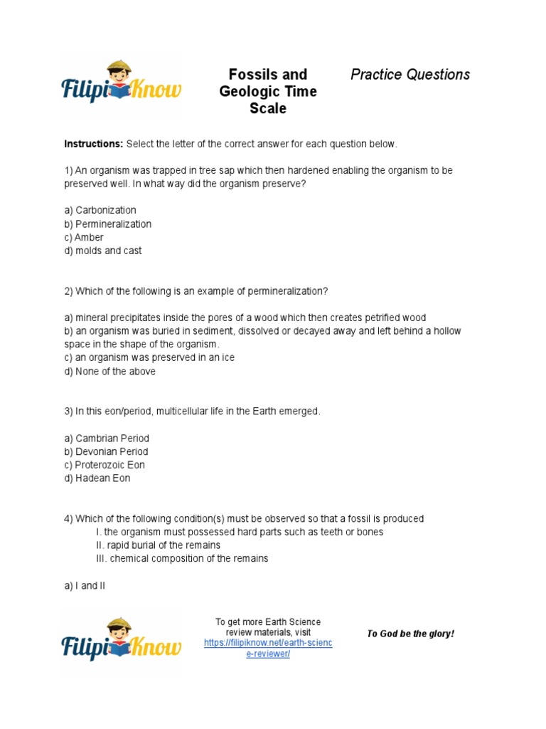 Earth Science Practice Questions Fossils and Geologic Time Scale | PDF