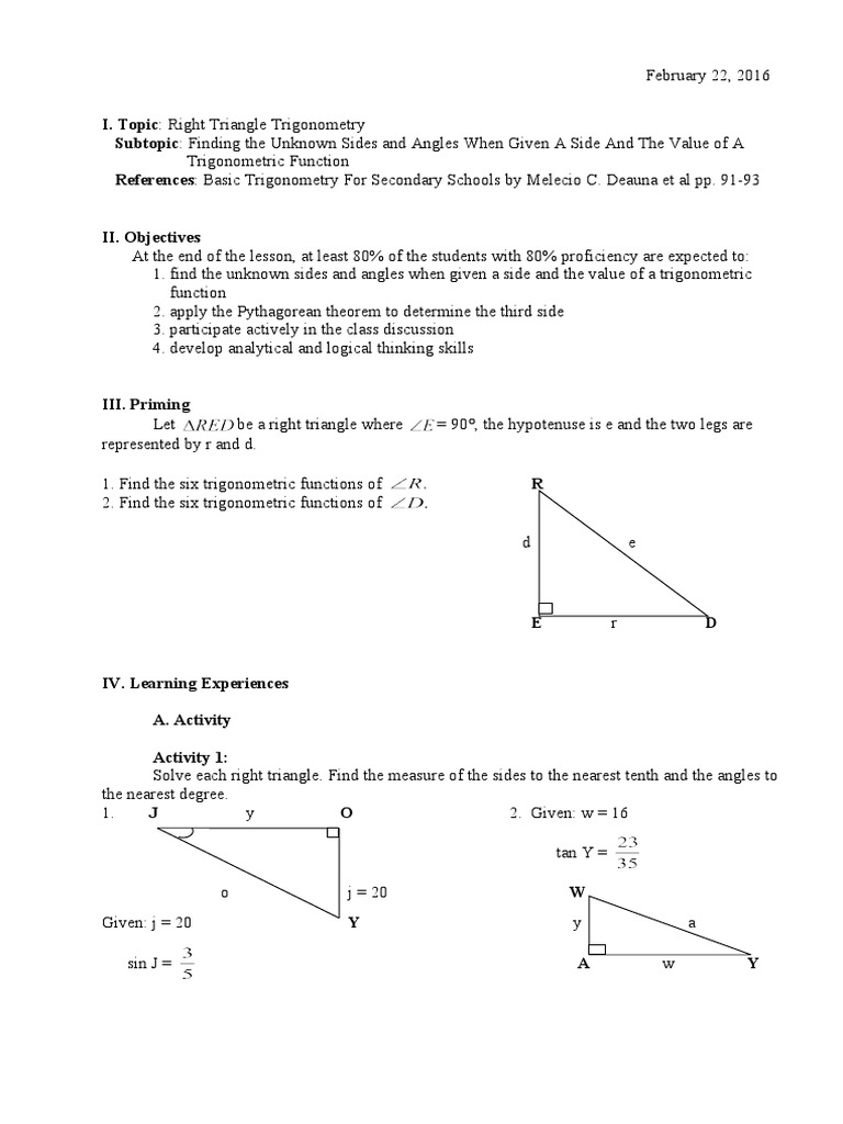 LP16 Feb 22 Finding The Unknown Sides and Angles When Given A Side and The Value of A ...