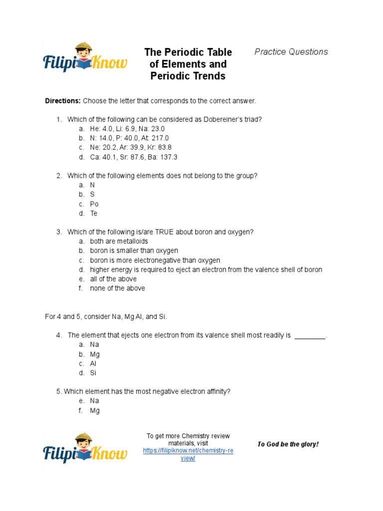 Periodic Table Practice Questions | PDF