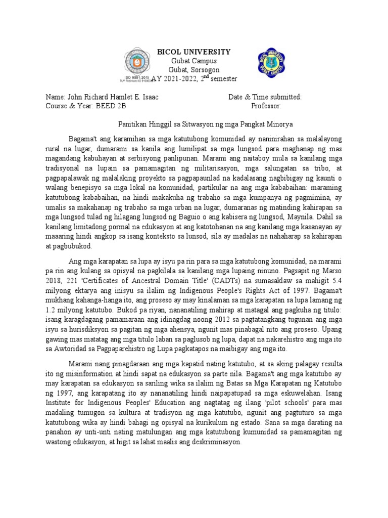 ISAAC_BEED2B_Panitikan Hinggil sa Sitwasyon ng mga Pangkat Minorya | PDF