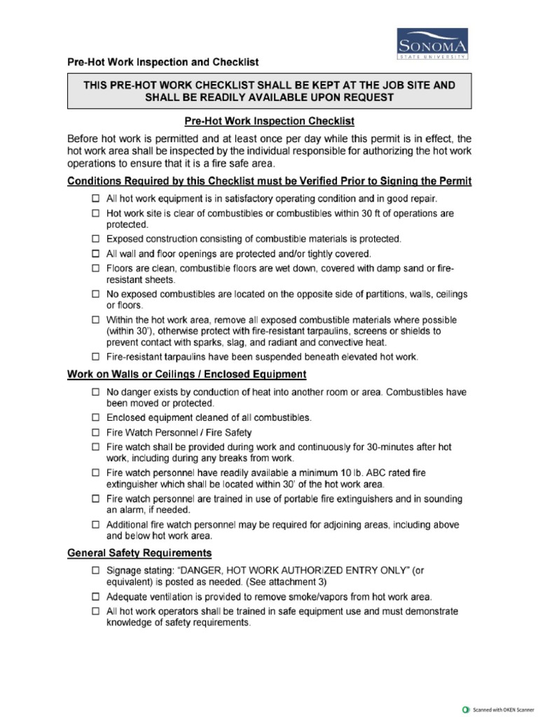 Pre-Hot Work Inspection and Checklist | PDF
