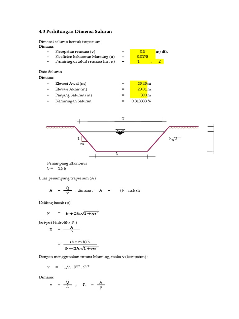 Perhitungan Dimensi Saluran Trapesium | PDF