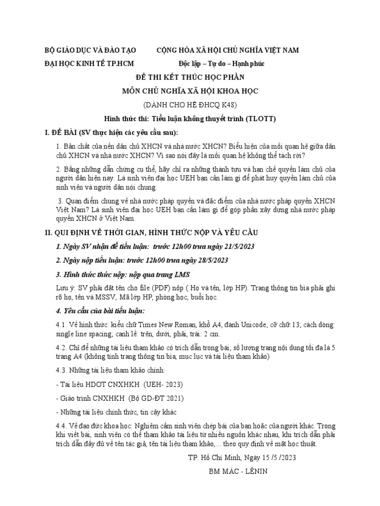 Đề Tiểu Luận KTHP CNXH K48 (28-5-2023) | PDF