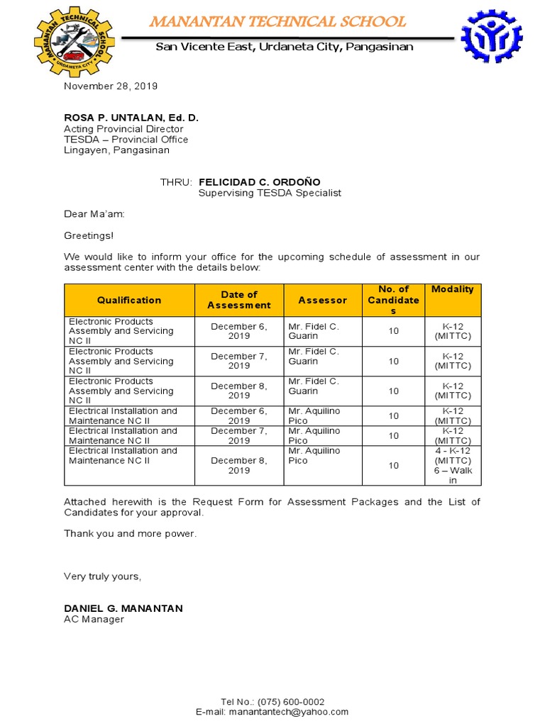 Letter To Notify Assessment Mittc | PDF | Vocational Education | Career ...