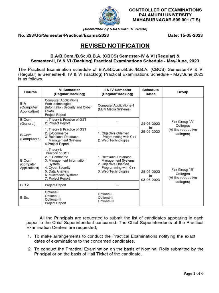 Revised UG Semester-IV, VI (Regular) & II, IV & VI (Backlog) Practical ...