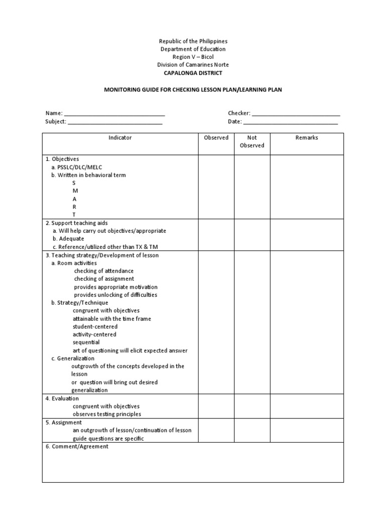 Checklist Monitoring Guide For LP | PDF | Change | Teaching