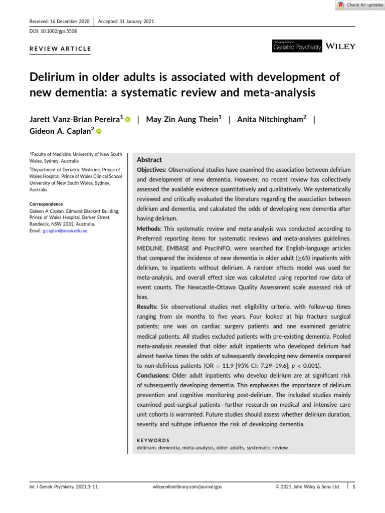 Delirium in Older Adults in Associated With Development of New Dementia | PDF | Dementia ...