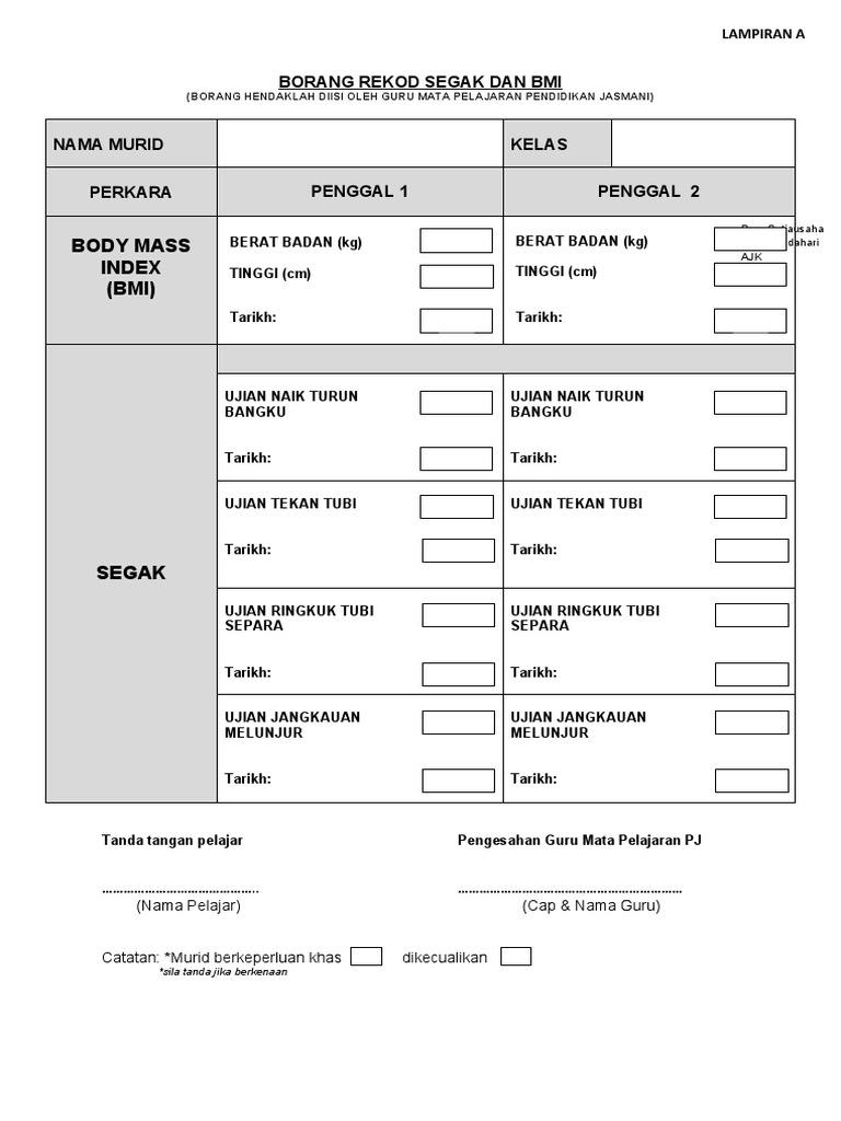 BORANG RUMUSAN SEGAK Dan BMI A | PDF
