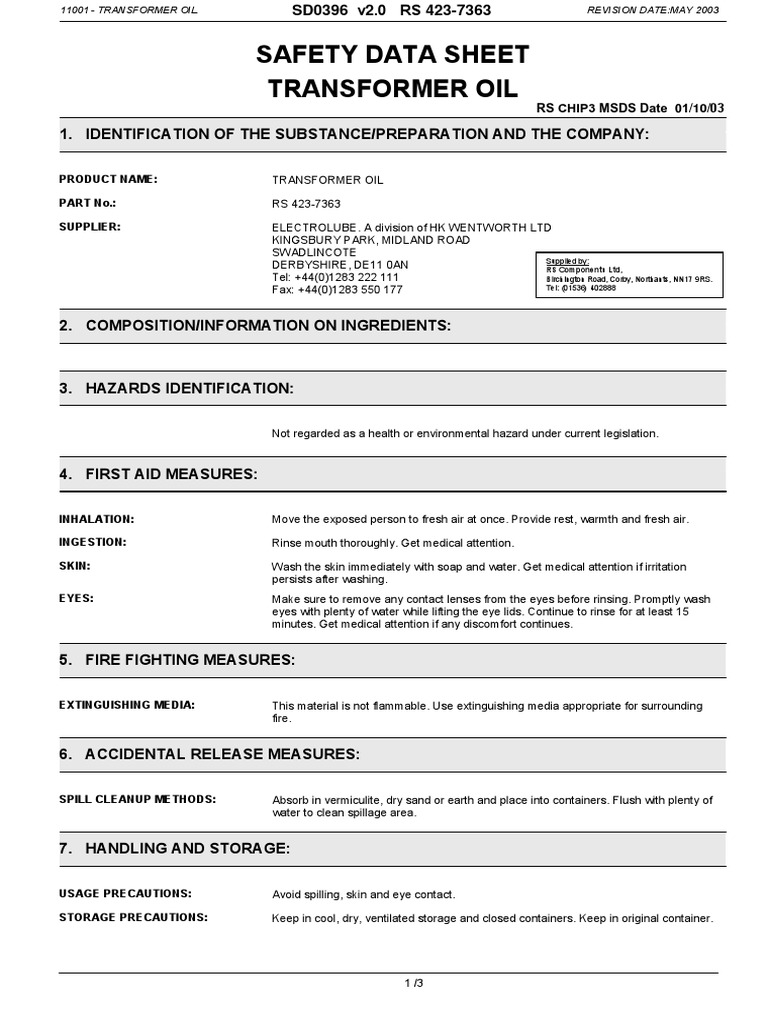 MSDS Oli Trafo 2 | Download Free PDF | Safety | Chemistry
