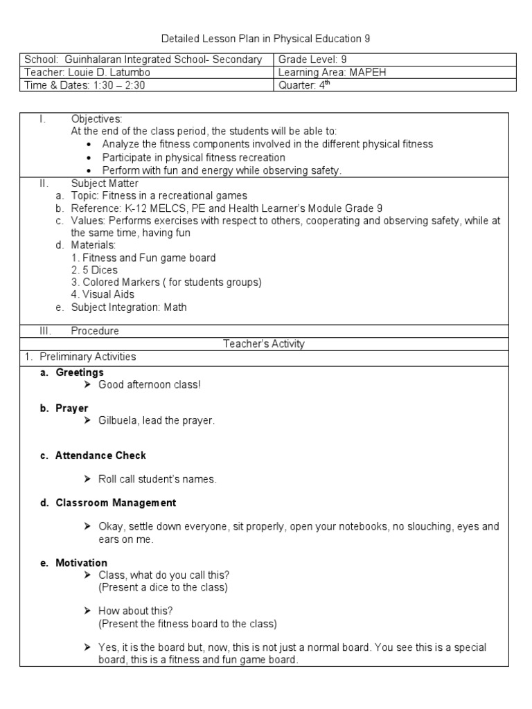 Detailed Lesson Plan in Physical Education 9 4th QTR | PDF | Physical ...
