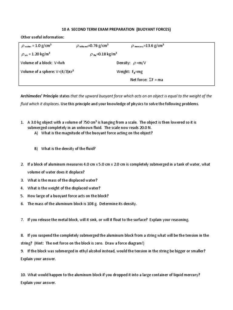 10th Grades Buoyancy Worksheet | PDF | Buoyancy | Density