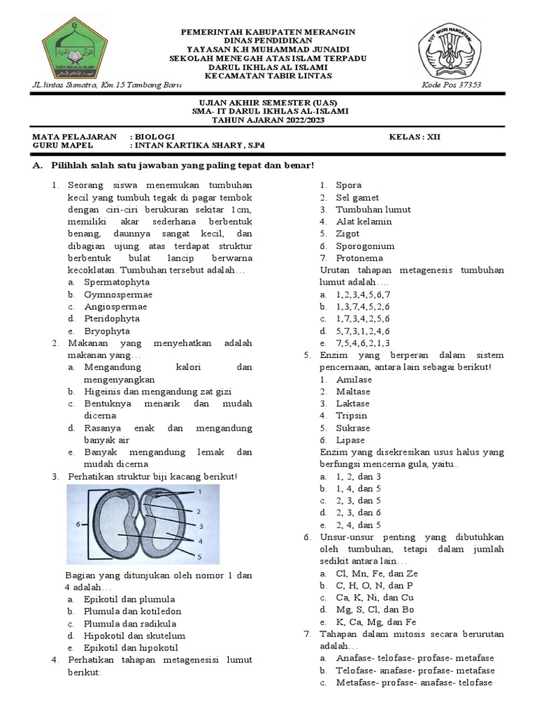 Soal Ujian Uas Kelas 3 Bio | PDF