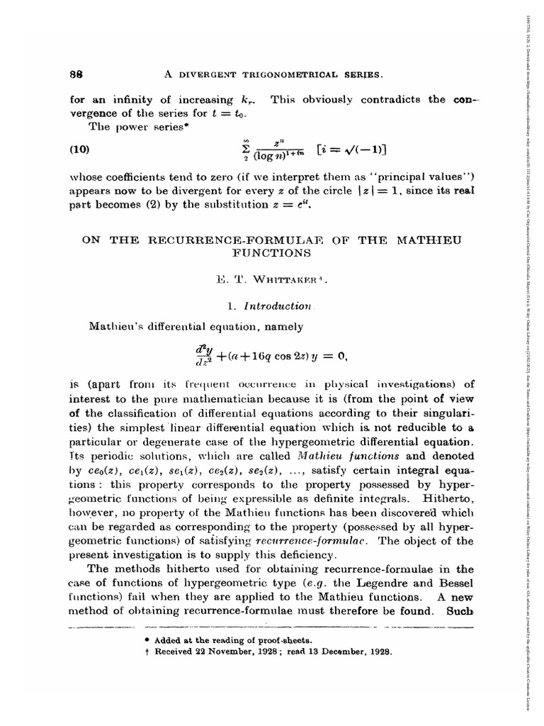 Journal Of London Math Soc April 1929 Whittaker On The Recurrence Formulae Of The Mathieu