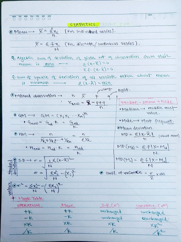 Statistics One Page Short Notes | PDF