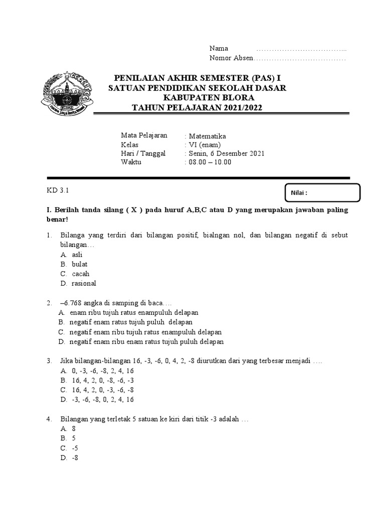 SOAL PAS 1 - Mat - 6 | PDF