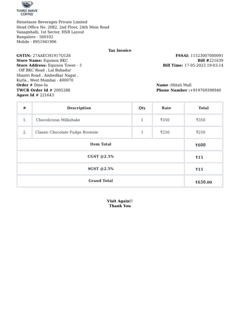 Food Bill - Third Wave Coffee - 17th May | PDF