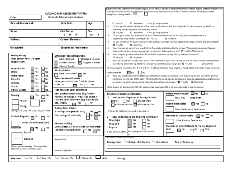 CVD/NCD Risk Assessment Questionnaire | PDF | Diabetes | Myocardial ...