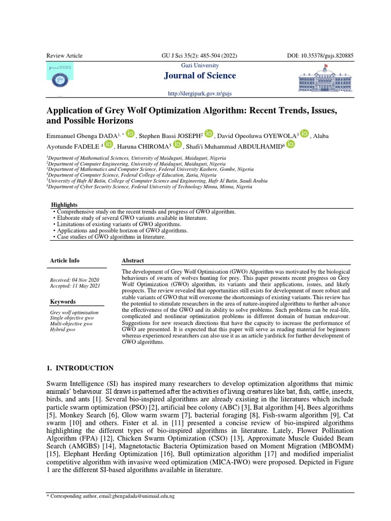 Application Of Grey Wolf Optimization Algorithm Recent Trends Issues Pdf Mathematical