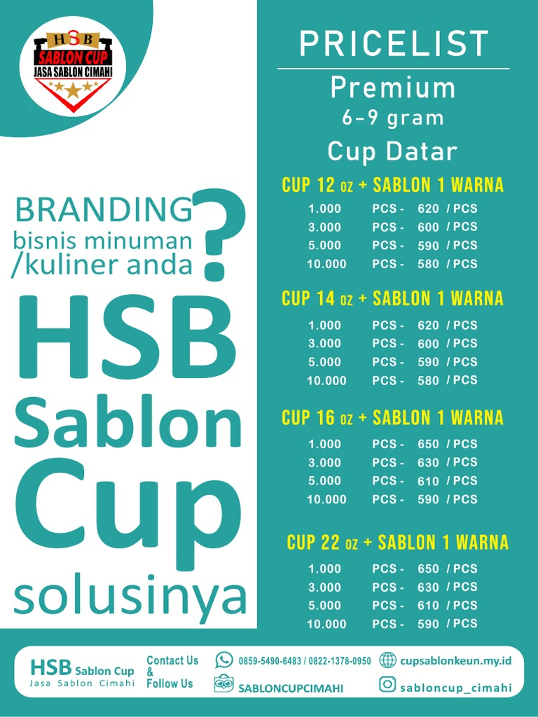PRICELIST HSB Printing SABLON CUP | PDF
