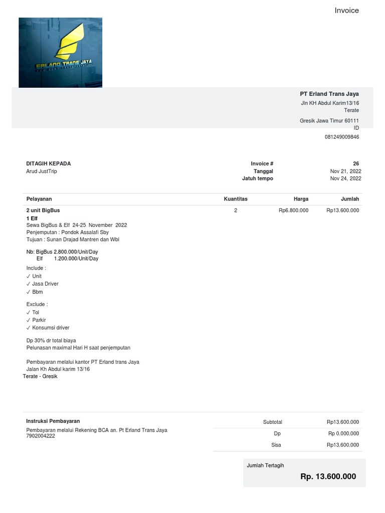 Invoice Sewa BigBus dan Elf JustTrip | PDF