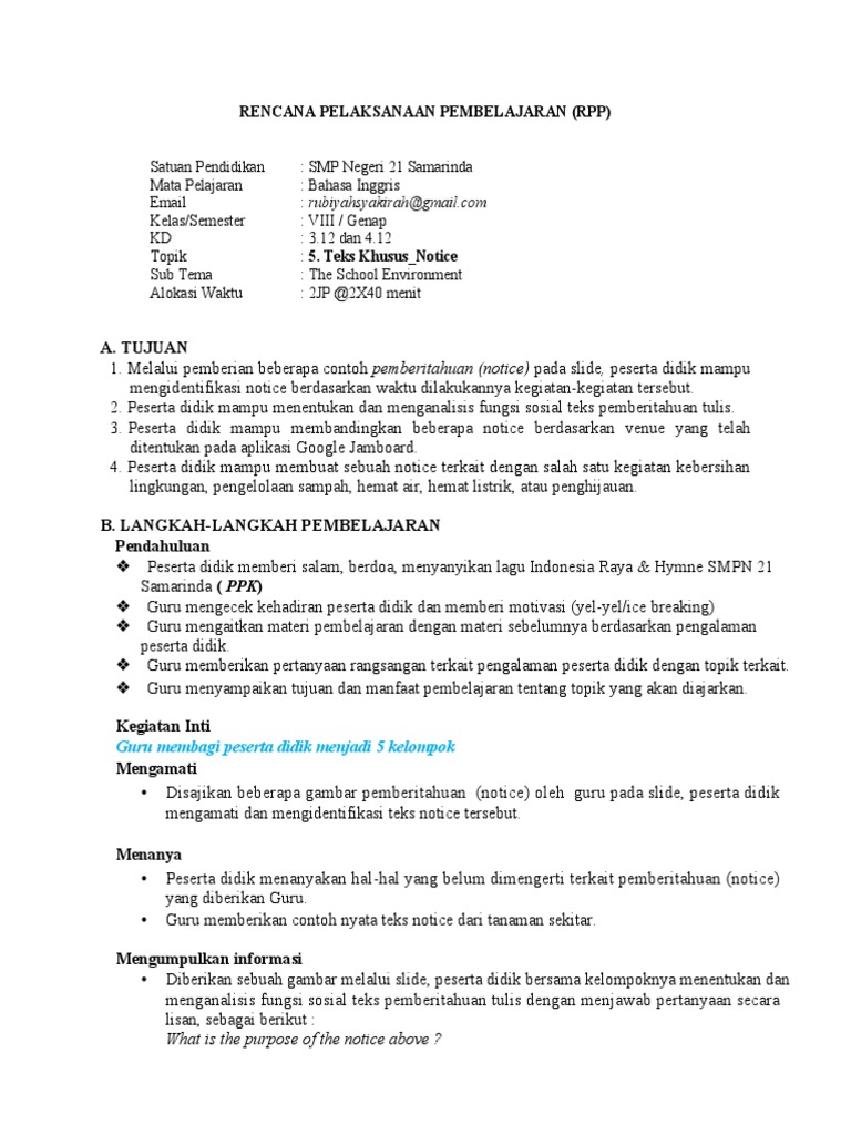 RPP Binggris 8 Teks Notice | PDF