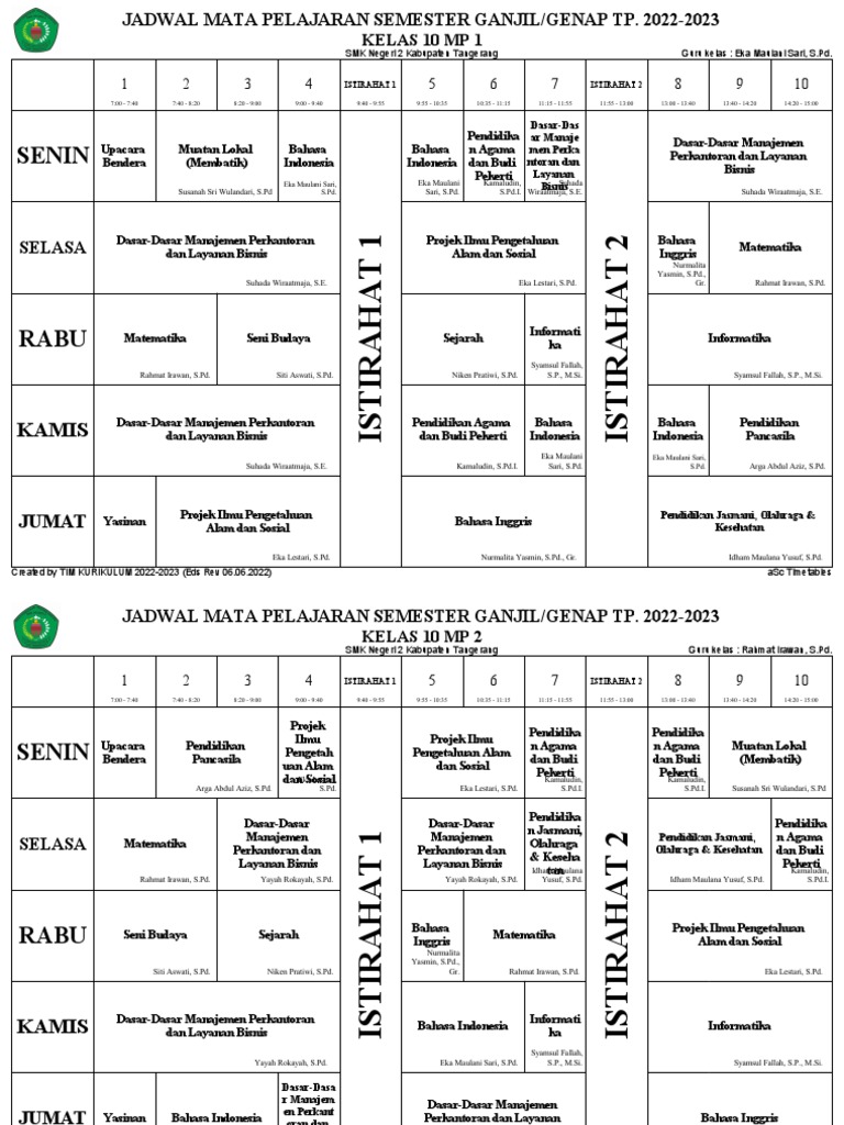 Jadwal 10 11 12 OTKP 2022 2023 | PDF