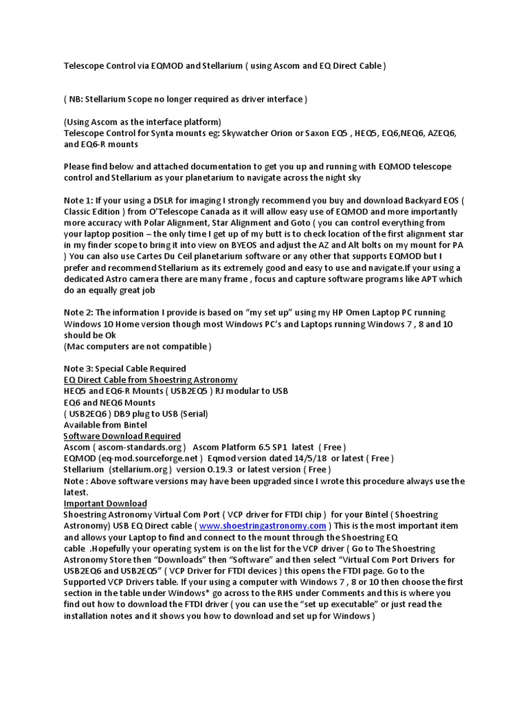 Telescope Control Via EQMOD and Stellarium (Using Ascom and EQ Direct ...