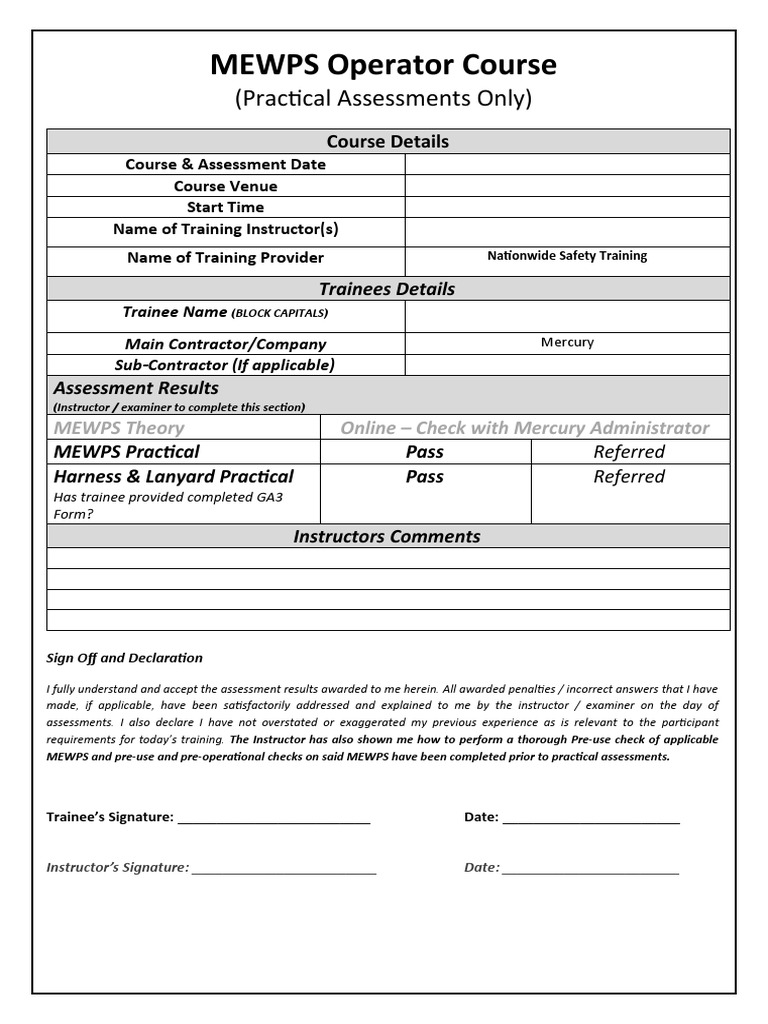Mewps Operator Practical Only Assessment Sheets 2021 Mercury | PDF ...