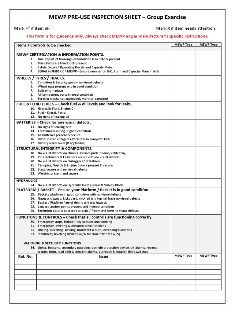 MEWP Pre-Use Inspection Checklist | PDF | Transport | Vehicles
