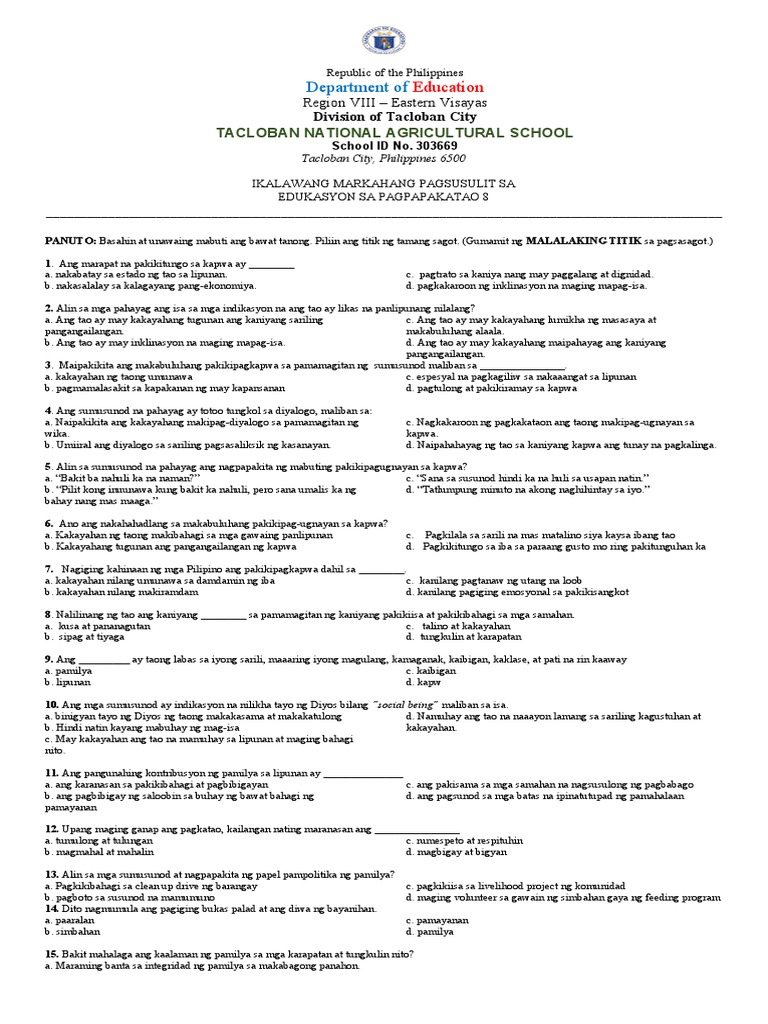 2nd Quarterly Exam in ESP 8 | PDF
