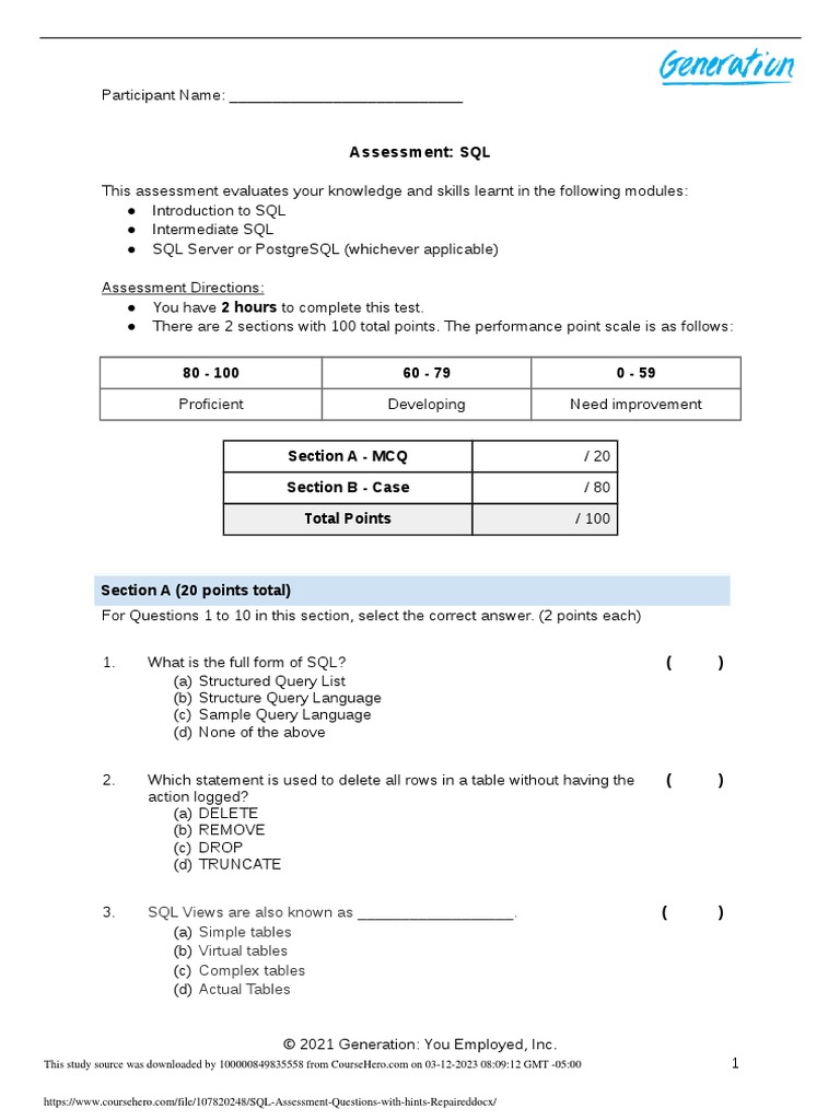 SQL_Assessment_Questions_with_hints__Repaired_.docx | PDF | Sql | Postgre Sql