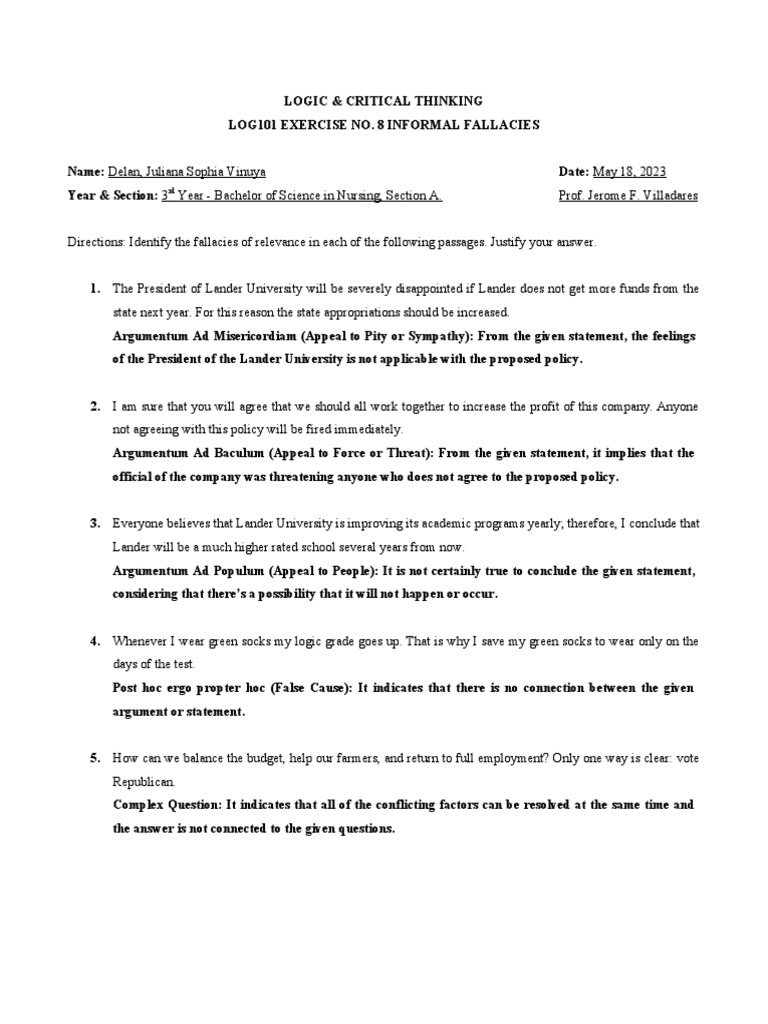 Log101 Exercise No. 8 Informal Fallacies - Delan | PDF