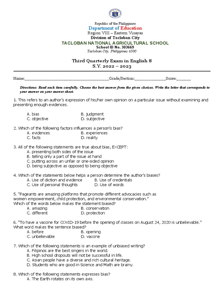 Third Quarterly Exam | PDF | Sita | Ramayana