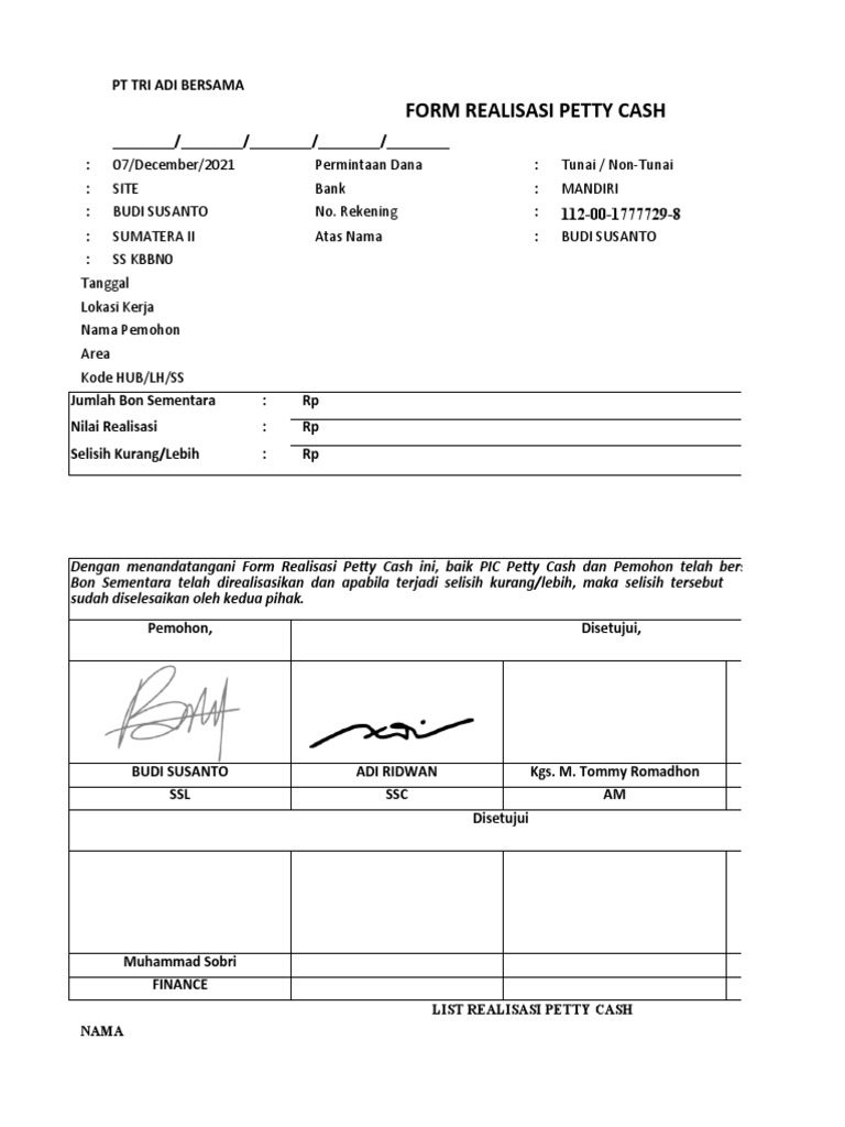 Form Realisasi BS KBBN0 07-12-2021 | PDF