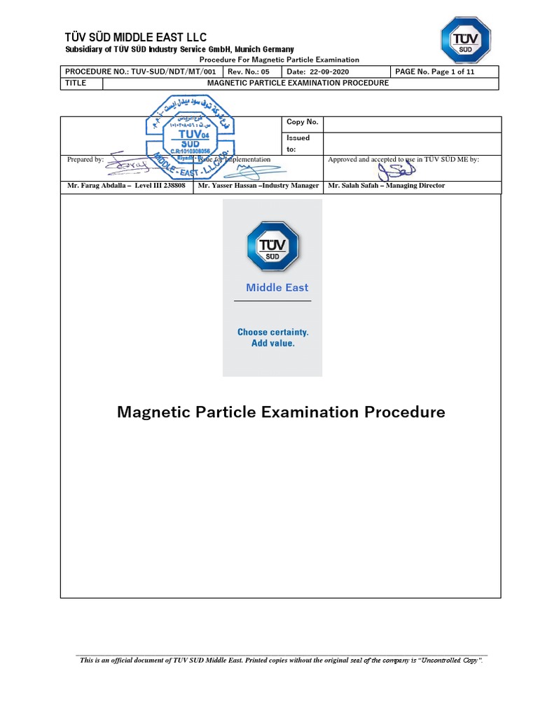 TUV SUD - MT Procedure Rev.05 | PDF | Nondestructive Testing | Welding