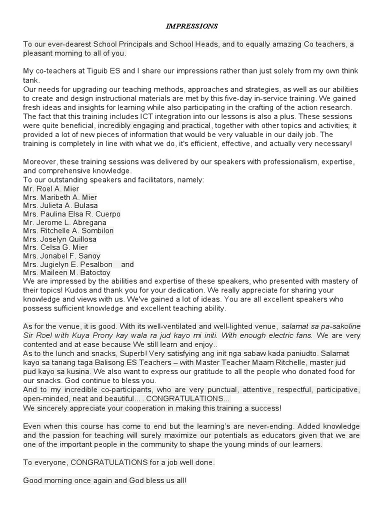 Impressions Inset Bces Edited | PDF | Education Theory | Cognitive Science