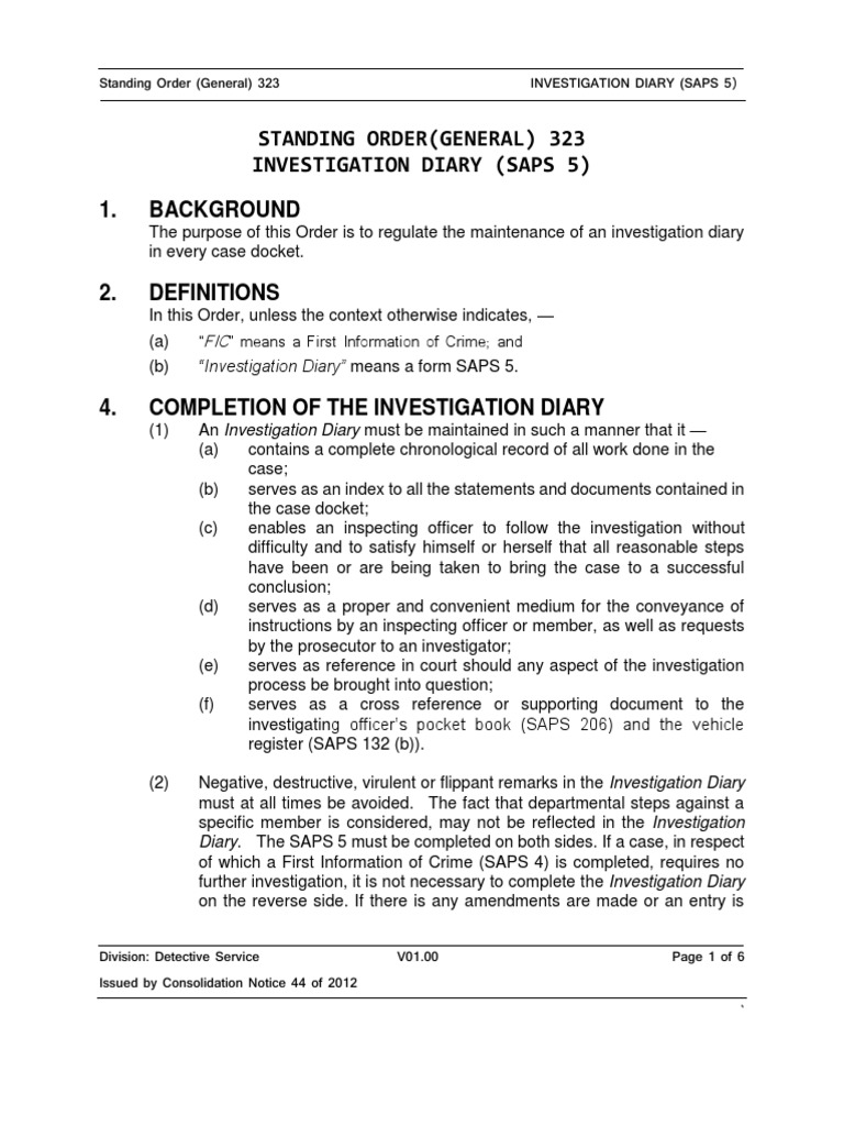 Standing Order (General) 323 Investigation Diary (Saps 5) | PDF ...